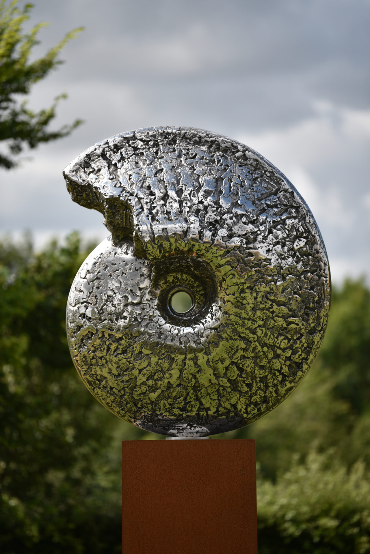 Hamish Mackie stainless steel Ammonite Cretaceous sculpture